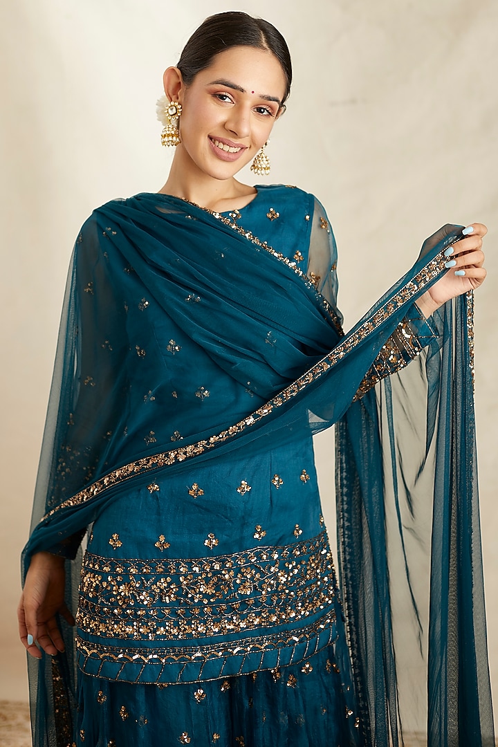 Teal Blue Organza Silk Sharara Set by Astha Narang at Pernia's Pop Up ...