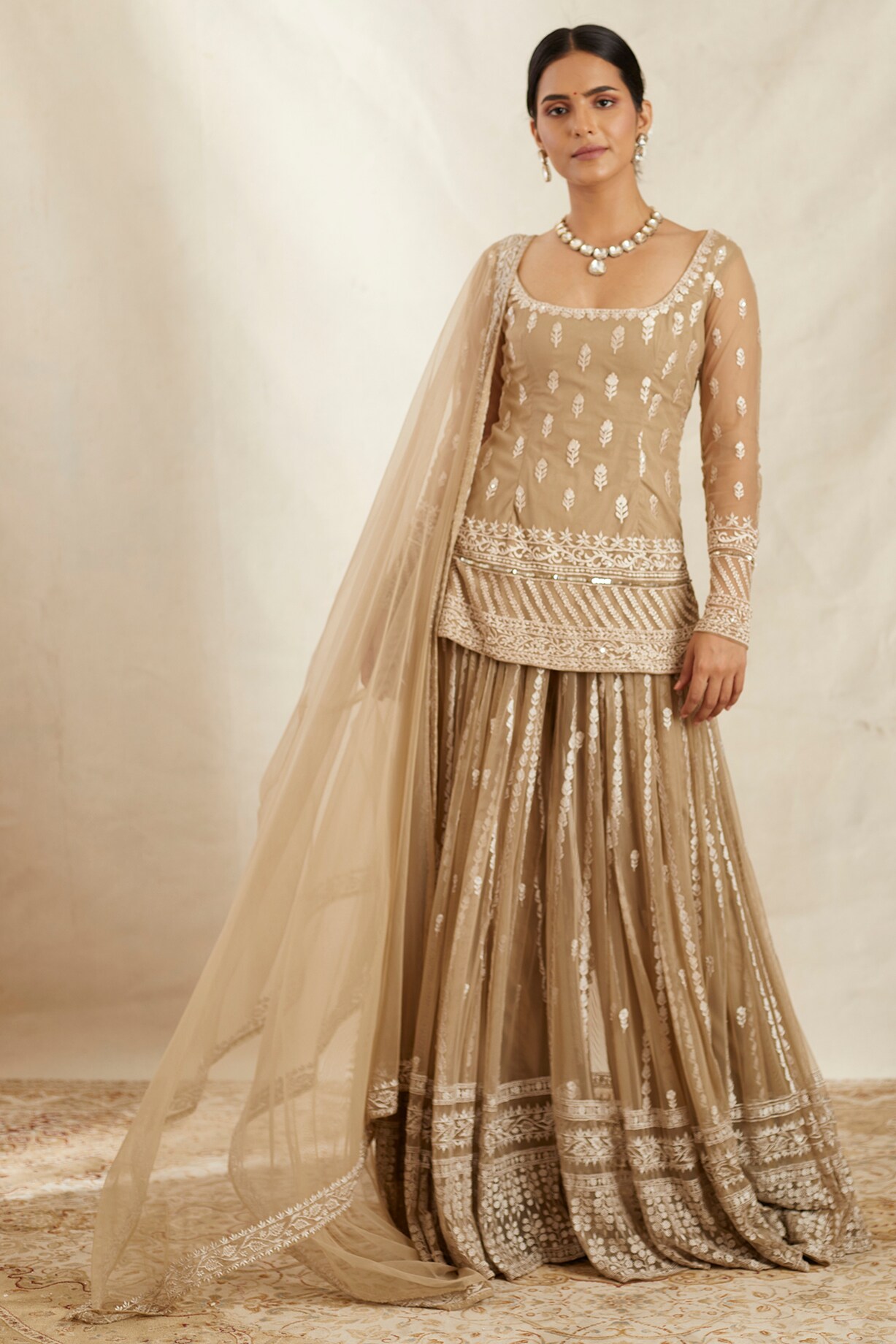 Beige & Cream Net Sharara Set by Astha Narang at Pernia's Pop Up Shop 2026