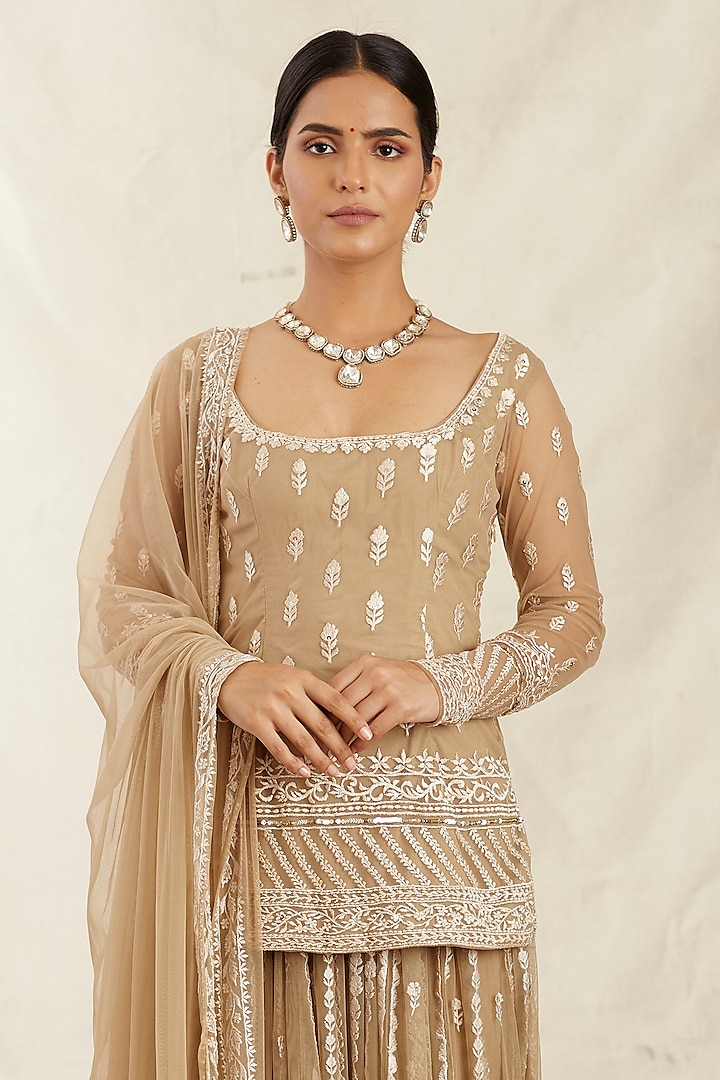 Beige & Cream Net Sharara Set by Astha Narang at Pernia's Pop Up Shop 2026