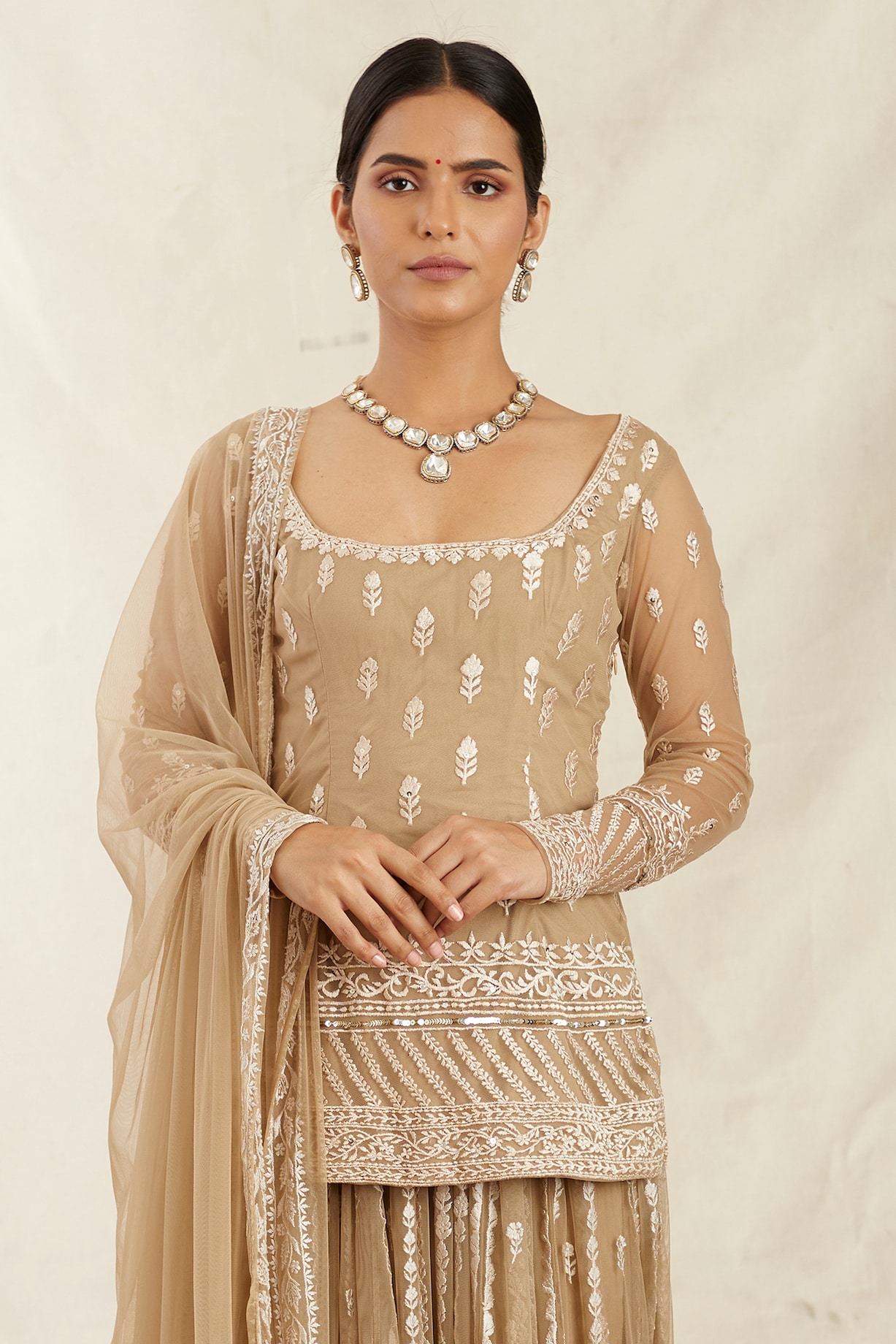 Beige & Cream Net Sharara Set by Astha Narang at Pernia's Pop Up Shop 2025
