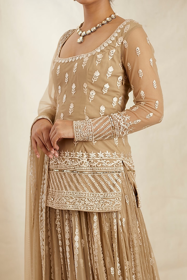 Beige & Cream Net Sharara Set by Astha Narang at Pernia's Pop Up Shop 2026