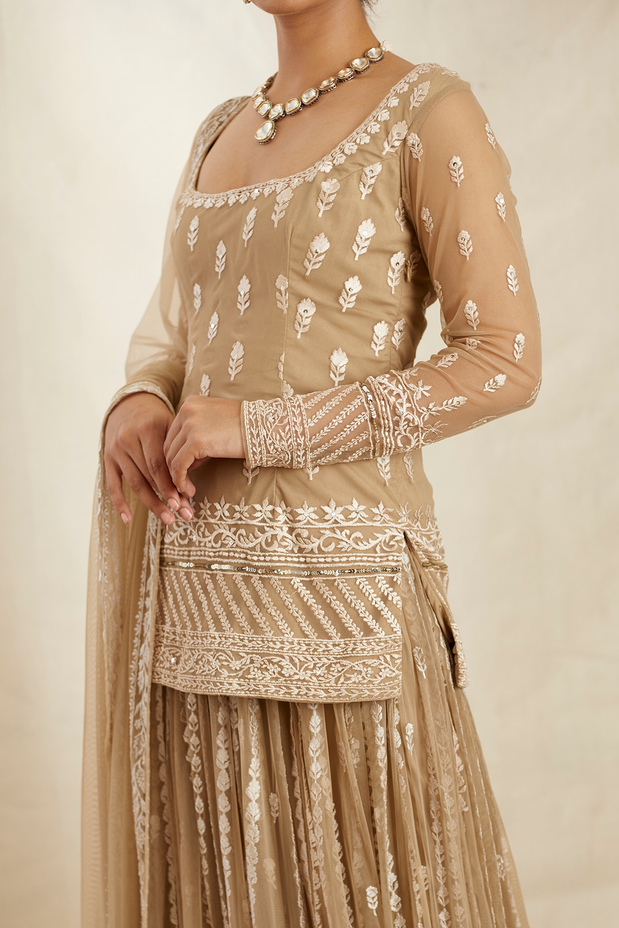 Beige & Cream Net Sharara Set by Astha Narang at Pernia's Pop Up Shop 2025