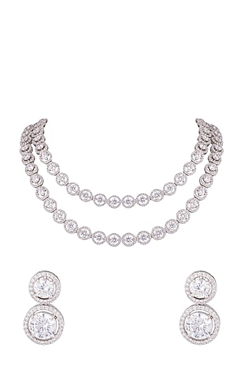 White Finish Faux Diamonds Double Line Necklace Set Design by Aster at ...