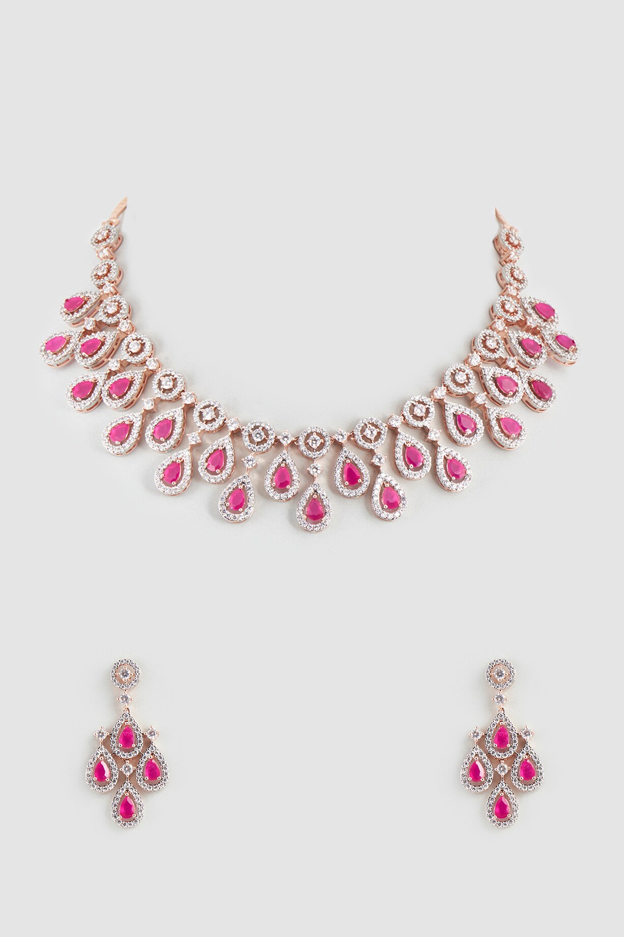 Rose Gold Finish Faux Diamond & Red Synthetic Stone Necklace Set Design ...