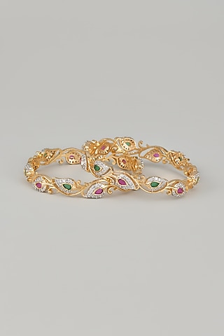Gold Finish Zircons & Multi-Colored Stone Bangles (Set of 2) by Aster ...