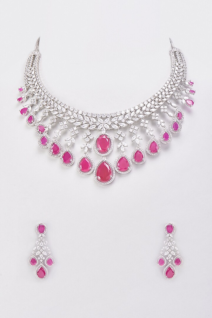 White Finish Synthetic Ruby Stone & Zircon Necklace Set by Aster at ...