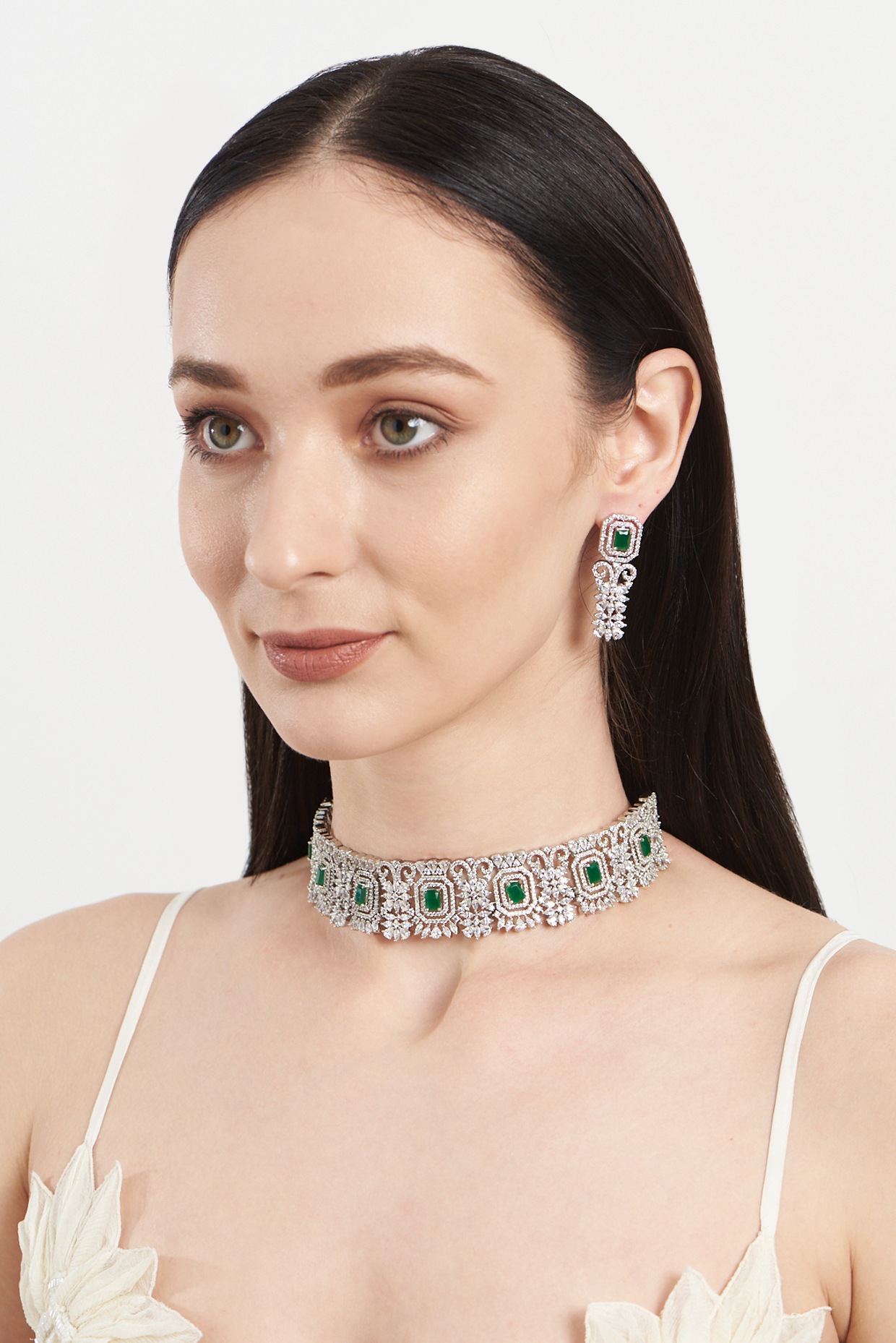 White Finish Zircon & Green Stone Choker Necklace Set by Aster at ...