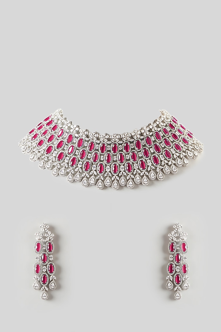 White Finish Zircon & Ruby Choker Necklace Set by Aster at Pernia's Pop ...
