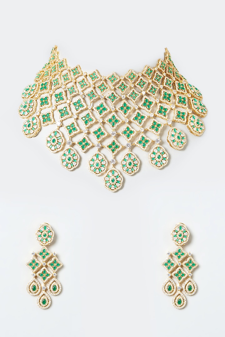 Gold Finish Green Synthetic Stone Choker Necklace Set by Aster at ...