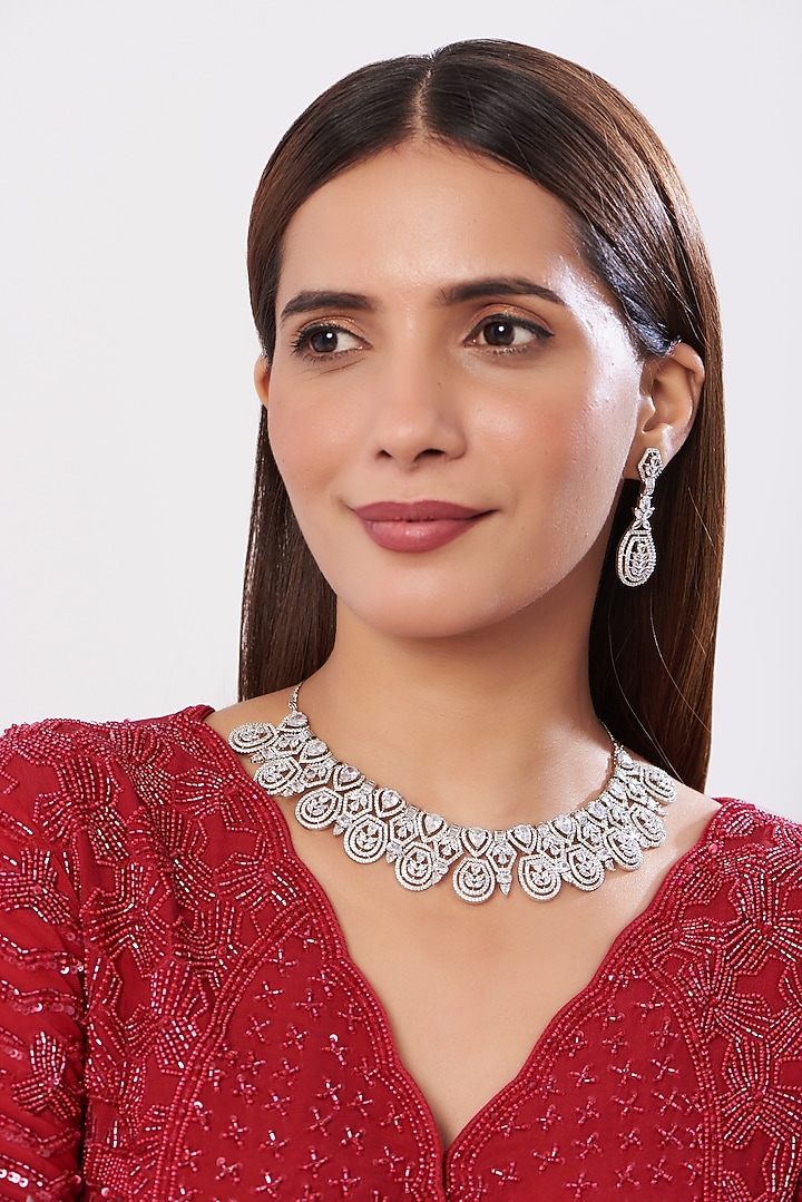 White Finish Faux Diamonds Necklace Set Design by Aster at Pernia's Pop ...