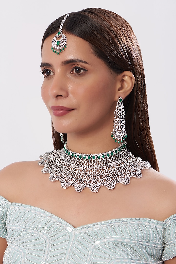 White Finish Zircon & Green Stone Choker Necklace Set by Aster at ...