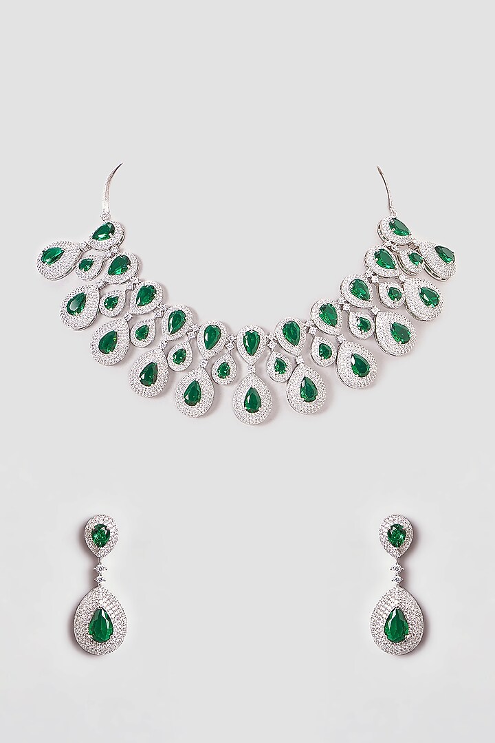 White Finish Zircon & Green Stone Necklace Set by Aster at Pernia's Pop ...