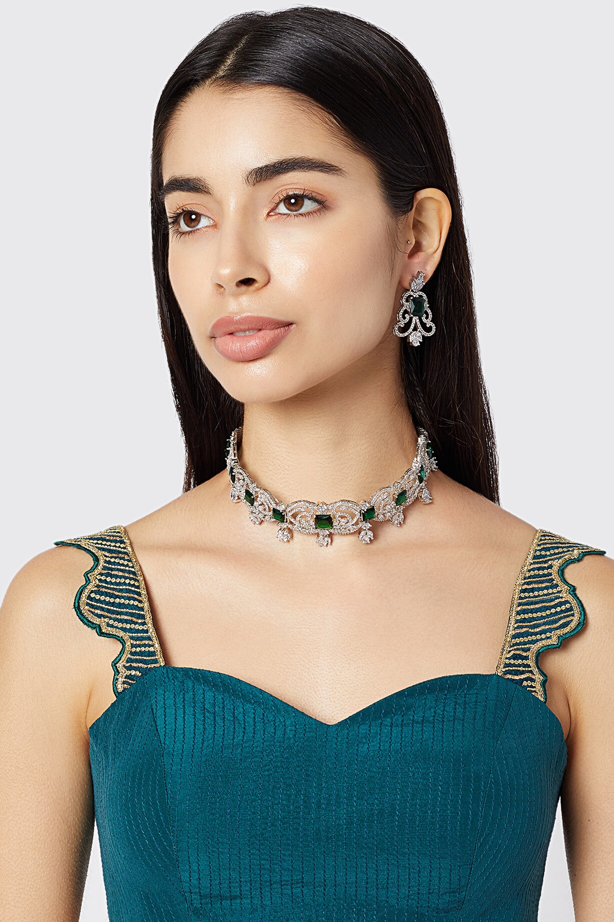 White Finish Zircon & Green Stone Choker Necklace Set by Aster at ...