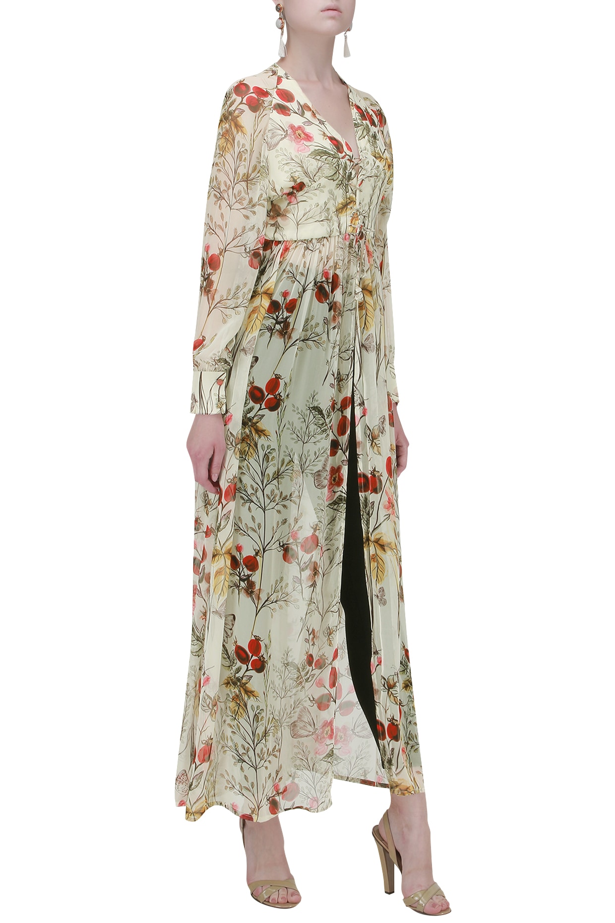 Offwhite and mulit-coloured floral front open tunic available only at ...