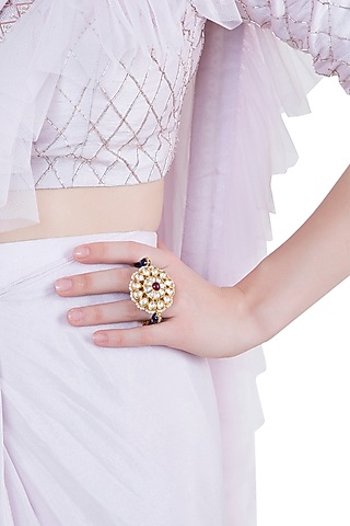Yellow Rhodium Plated Blue & Red Two Finger Ring by Aster at Pernia's ...