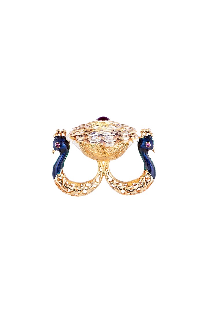 Yellow Rhodium Plated Blue & Red Two Finger Ring by Aster at Pernia's ...