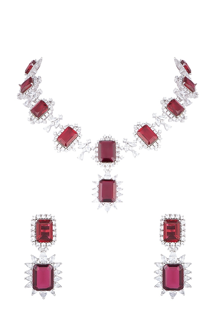 White Rhodium Plated Faux Diamond & Red Stone Necklace Set by Aster at ...