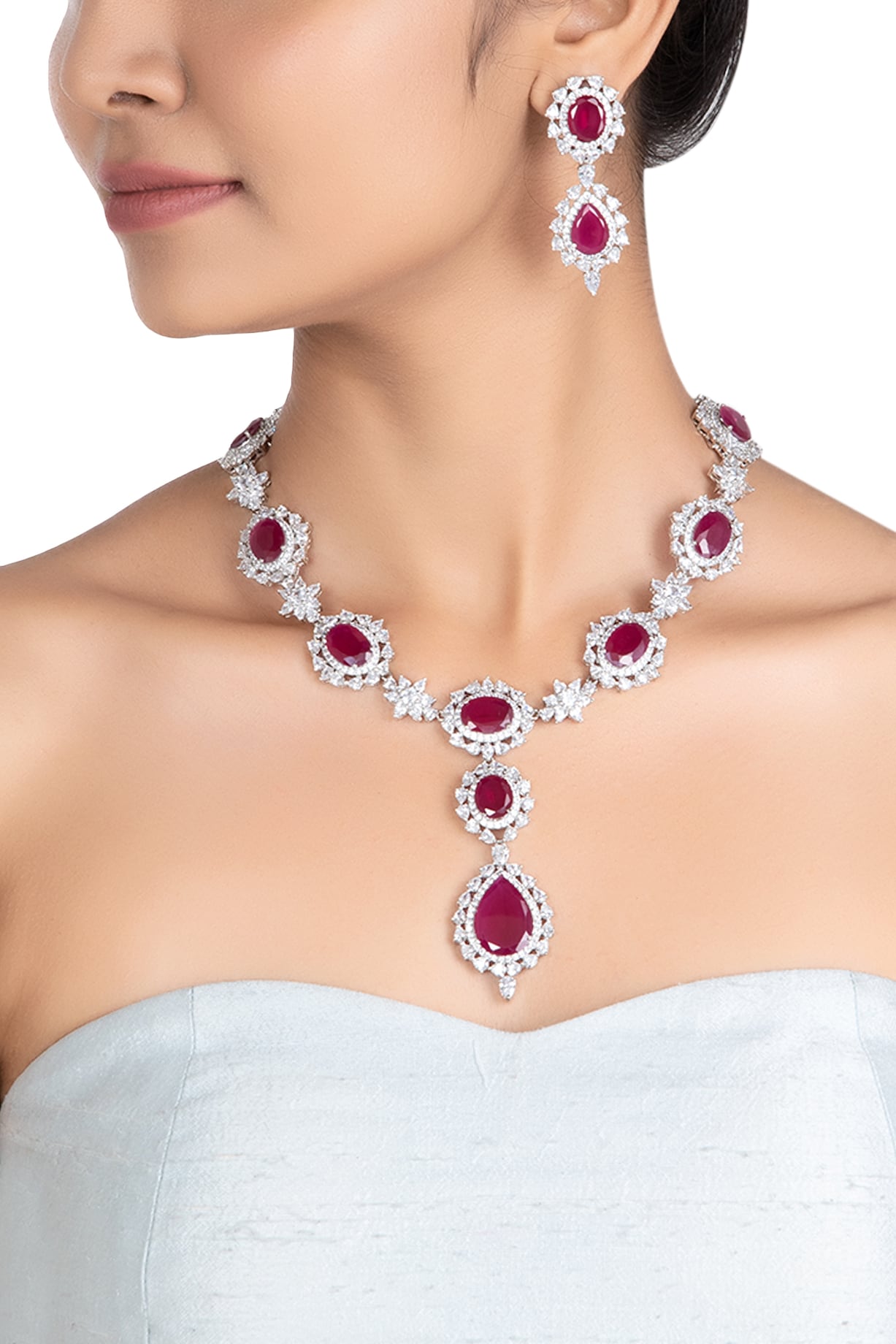 Silver plated faux ruby and diamond necklace set available only at ...