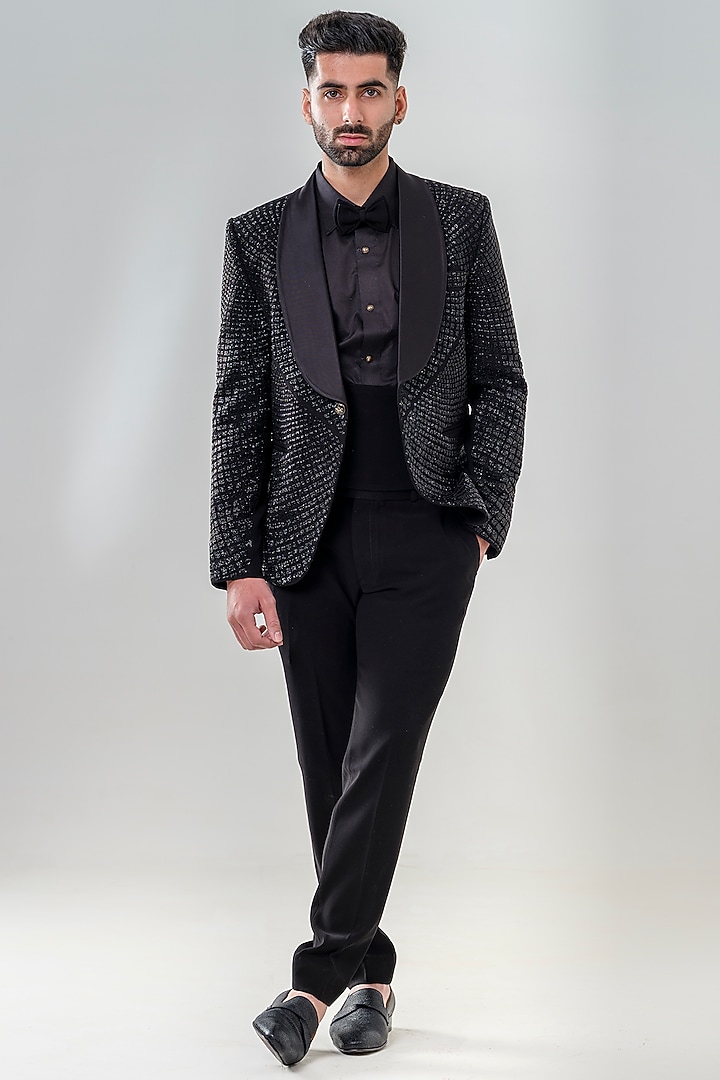 Black Japanese Polyester Embellished Tuxedo Set Design by Amrit Dawani ...