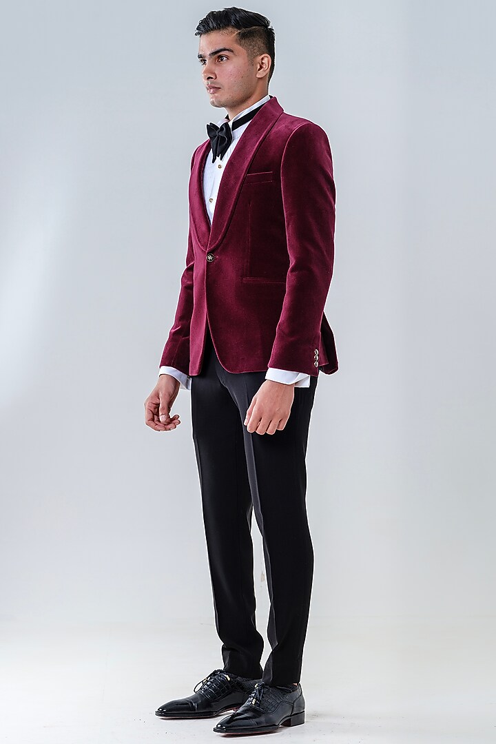 Maroon Velvet Tuxedo Set by Amrit Dawani at Pernia's Pop Up Shop 2026