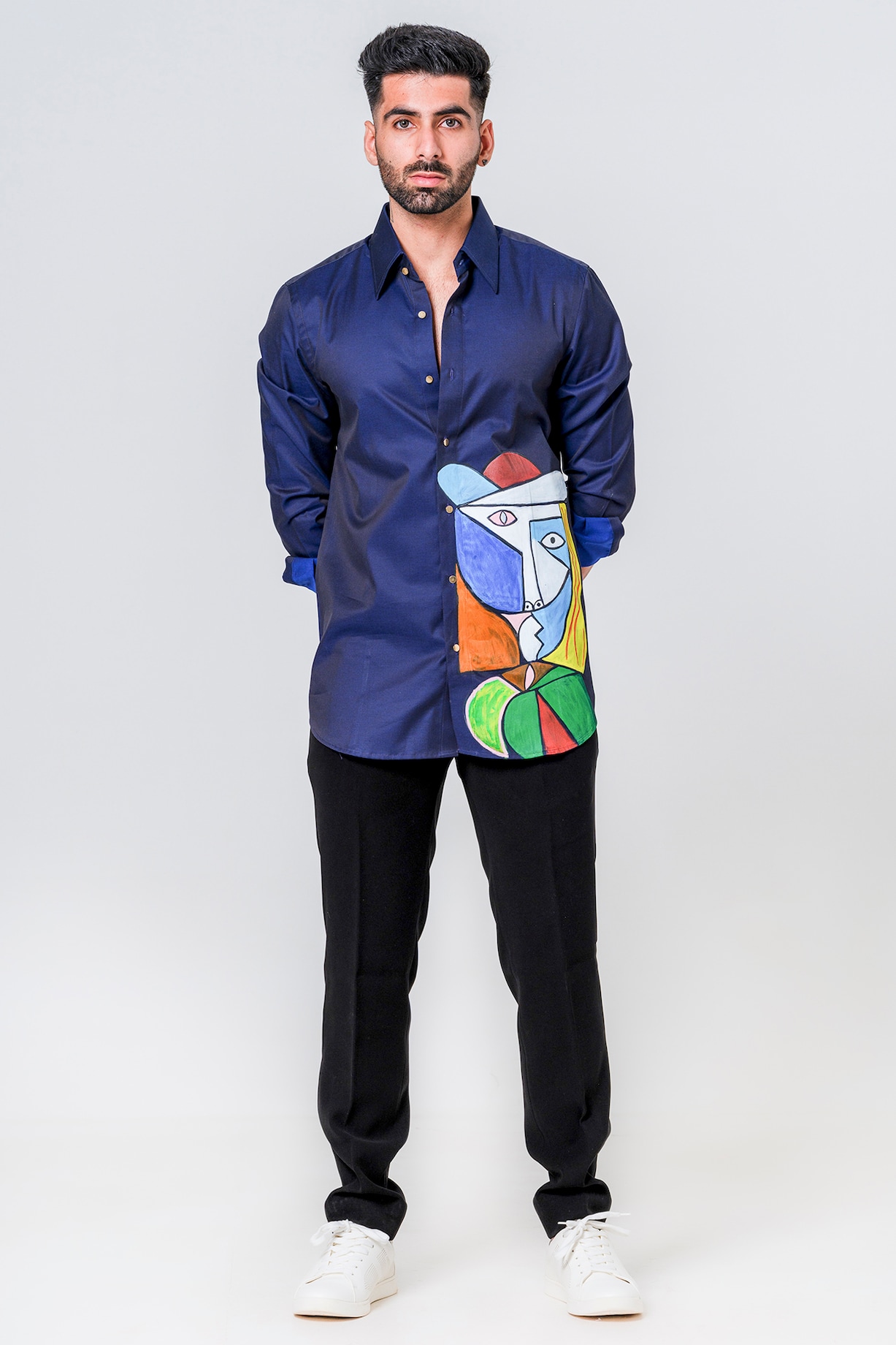 Buy Amrit Dawani Midnight Blue Luxe Cotton Hand Painted Shirt at Pernia ...