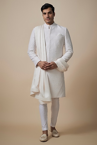 Ivory Raw Silk Bead Embroidered Sherwani Set by Amrit Dawani at Pernia ...