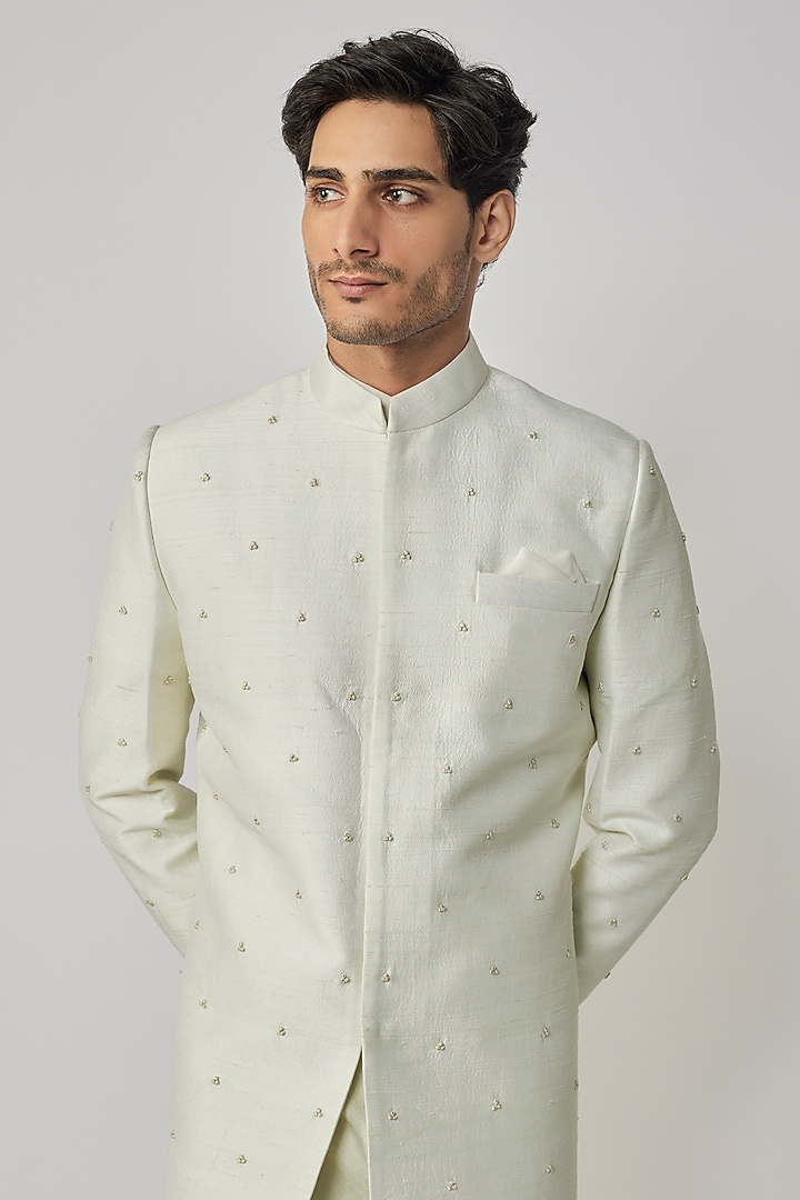 Mint Raw Silk Thread Embroidered Sherwani Set by Amrit Dawani at Pernia ...