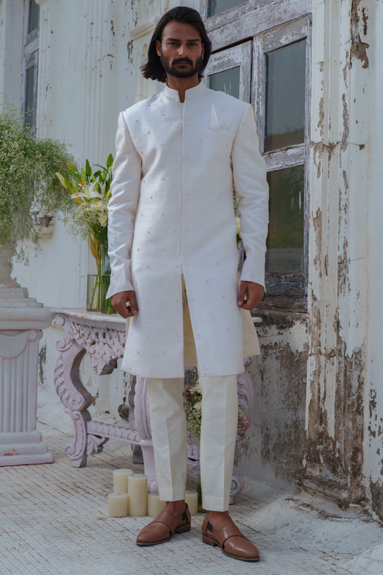 Ivory Raw Silk Thread Embroidered Wedding Sherwani Set by Amrit Dawani ...