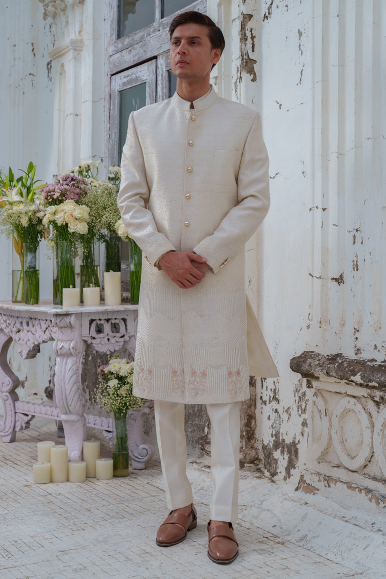 Ivory Raw Silk Floral embroidered Wedding Sherwani Set by Amrit Dawani ...