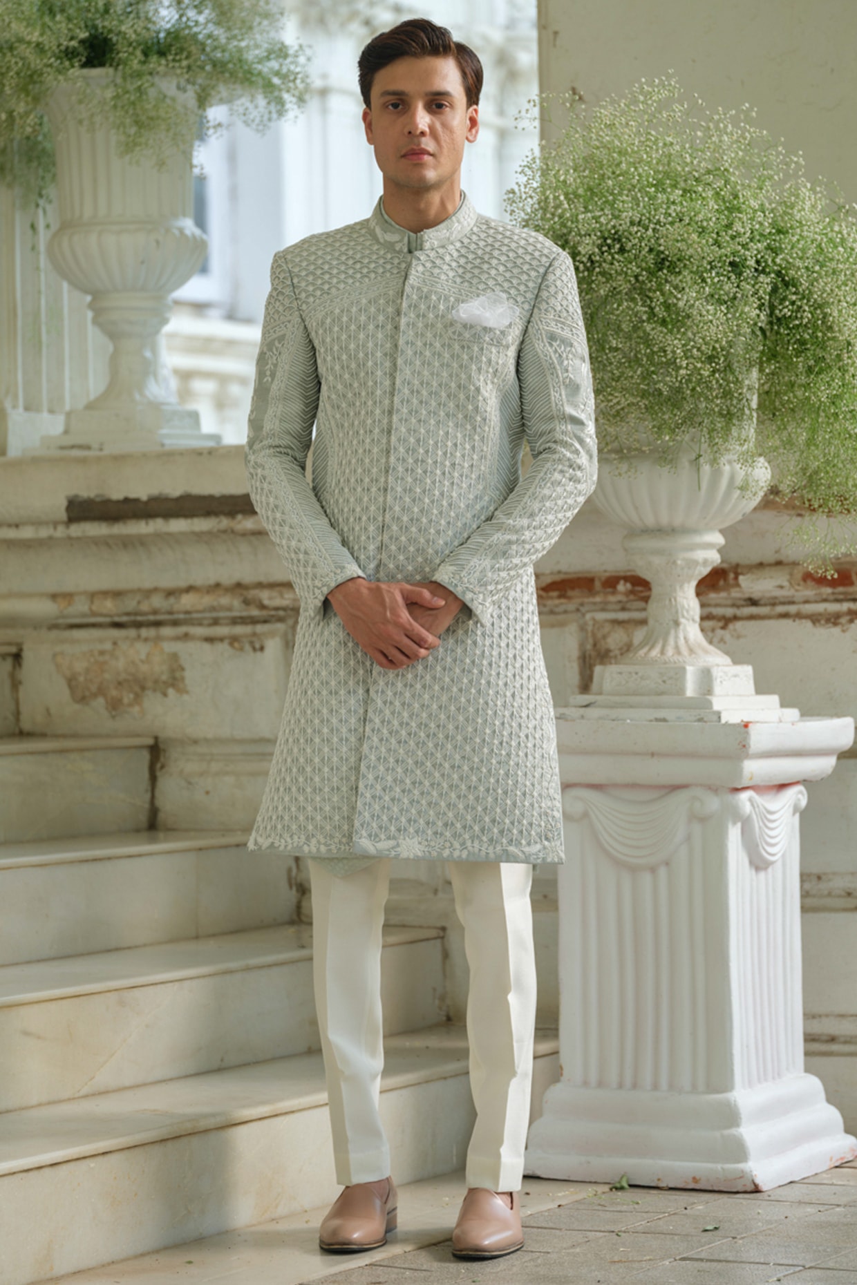 Mint Green Raw Silk Hand Embroidered Groom Sherwani Set by Amrit Dawani ...