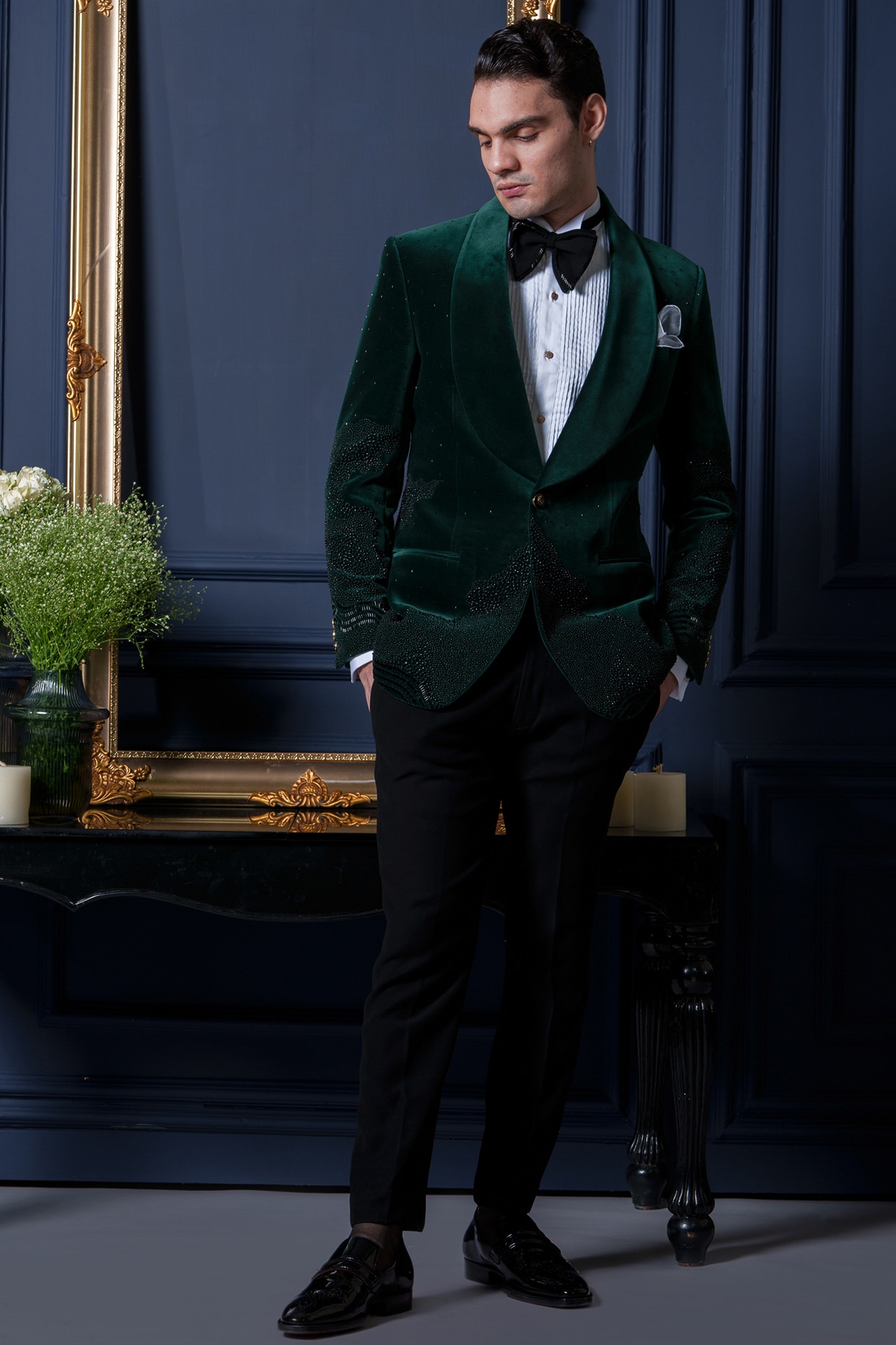 Emerald Green Velvet Bead Work Tuxedo Set by Amrit Dawani at Pernia's ...