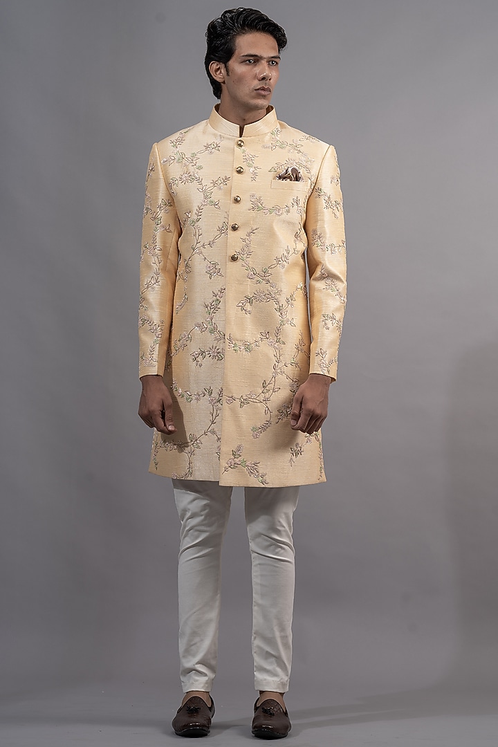 Light Mango Yellow Hand Embellished Wedding Sherwani Set by Amrit ...