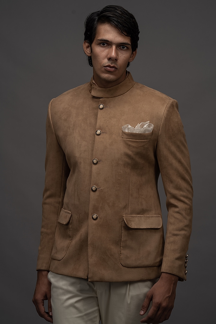 Buy Amrit Dawani Beige Suede Bandhgala Set at Pernia'sPopUpShopMen 2025