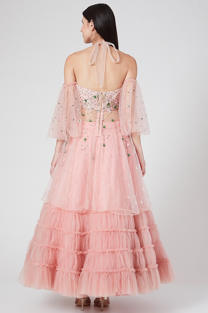 Rose Pink Embroidered Frilled Wedding Lehenga Set by Architha Narayanam ...