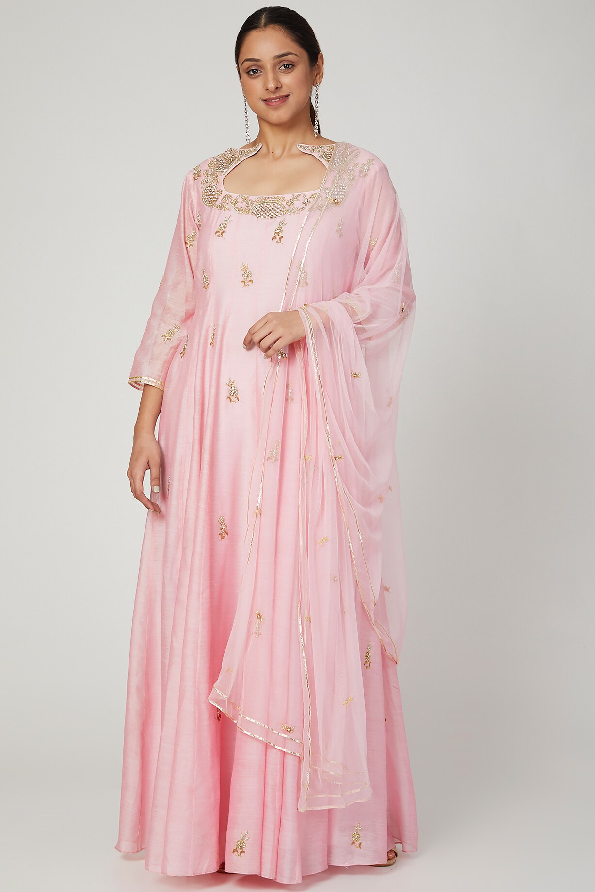 Blush Pink Embroidered Gown With Dupatta by Architha Narayanam at ...