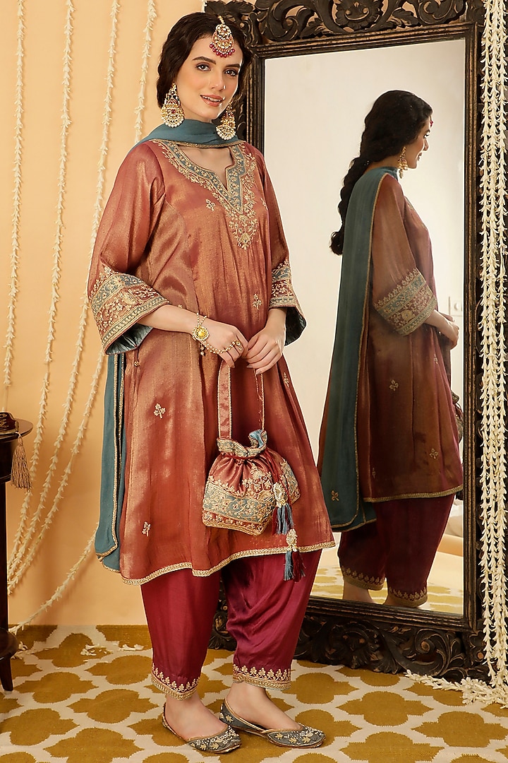 Rust Cotton Tissue Embroidered Handwoven Choga Set by A Touch Of Zari ...