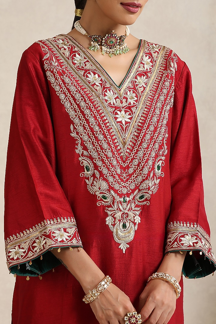 Deep Red Bemberg Silk Hand Embroidered Kurta Set by A Touch Of Zari at Pernia's Pop Up Shop 2025
