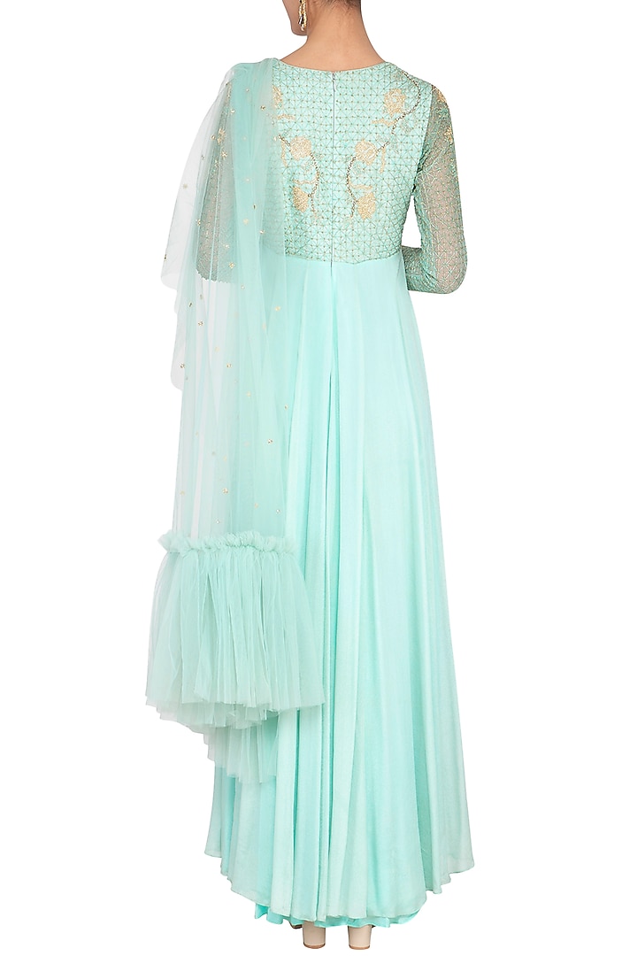 Sage green embroidered anarkali gown with attached dupatta by Architha ...