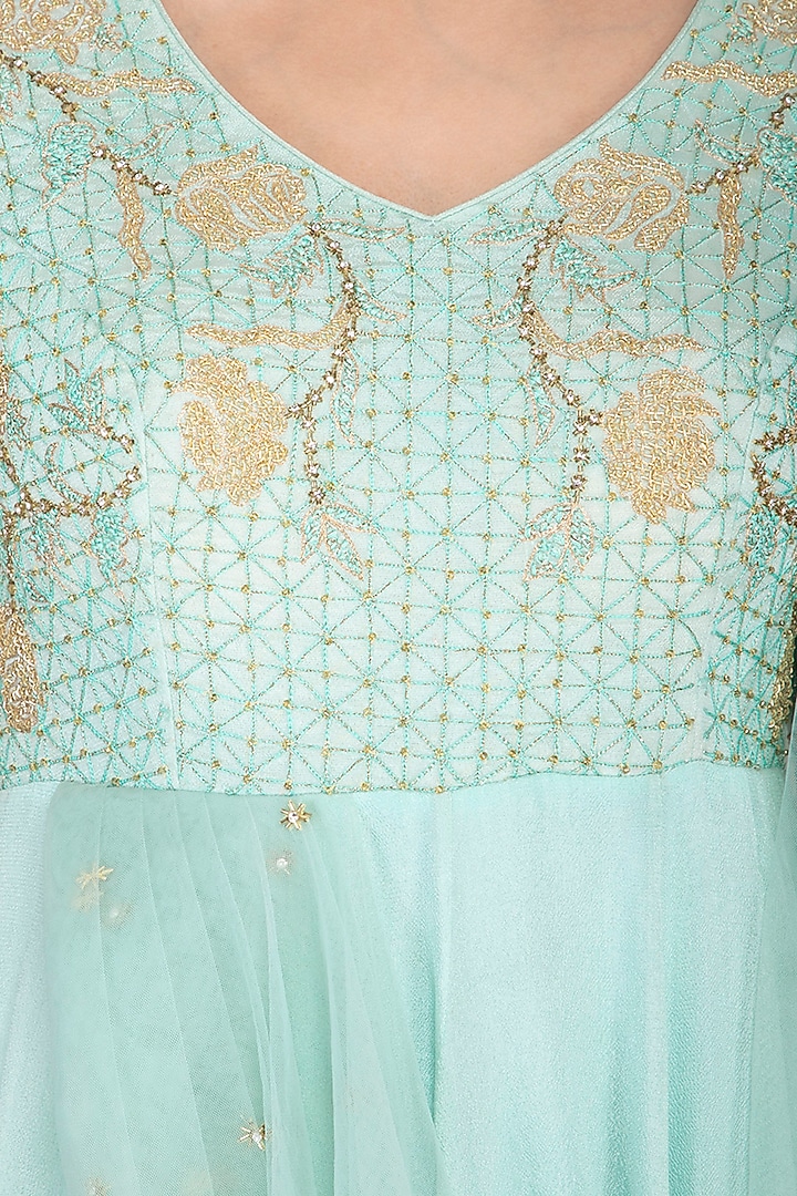 Sage green embroidered anarkali gown with attached dupatta by Architha ...