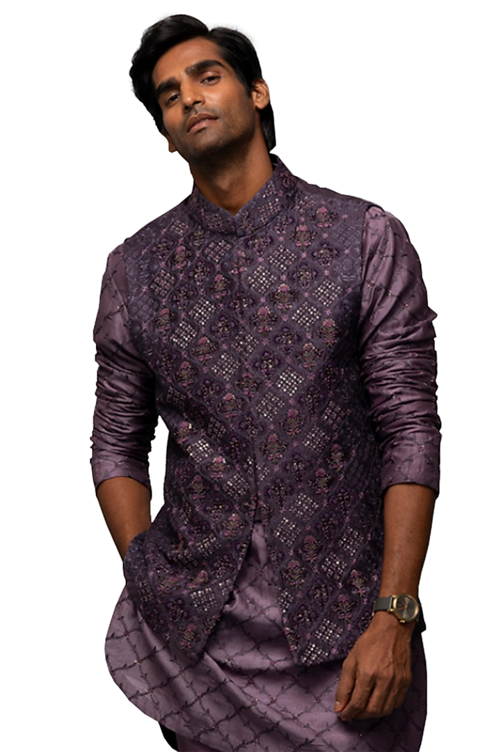 Twilight Lavender Embroidered Bundi Jacket With Kurta Set by ASUKA at ...
