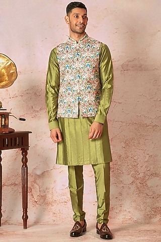 Multi-Colored Chanderi Silk Floral Embroidered Bundi Jacket Set by ...