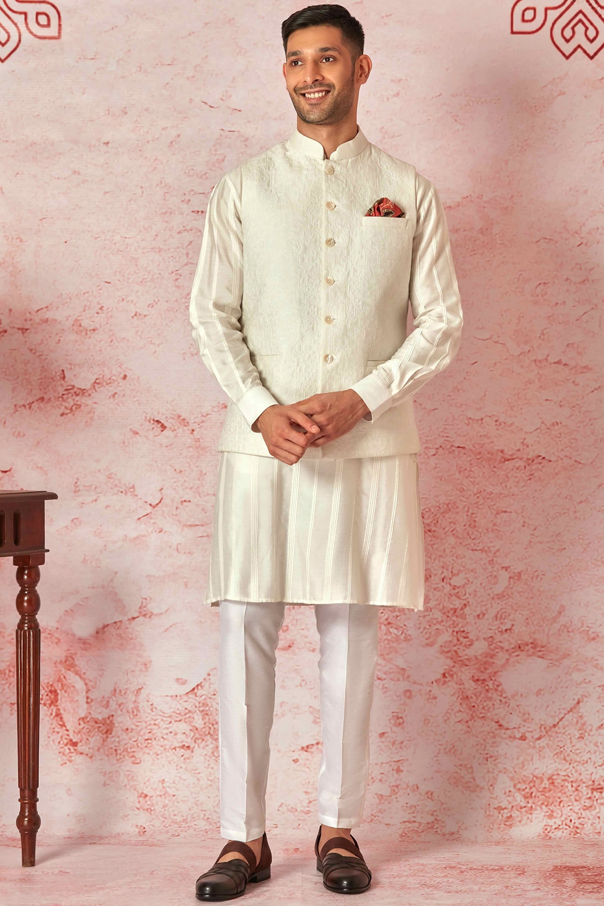 Off-White Silk Embroidered Bundi Jacket Set by ASUKA at Pernia's Pop Up ...