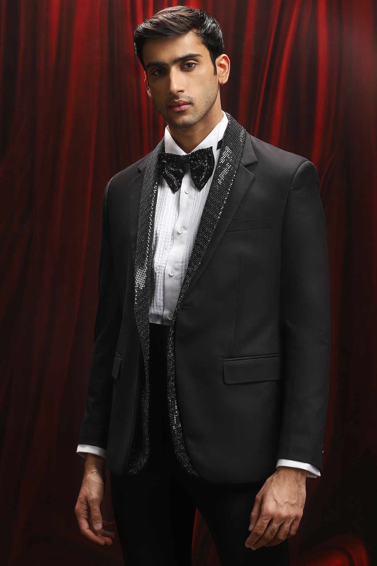 Black Jacquard Panel Work Tuxedo Set by ASUKA at Pernia's Pop Up Shop 2025