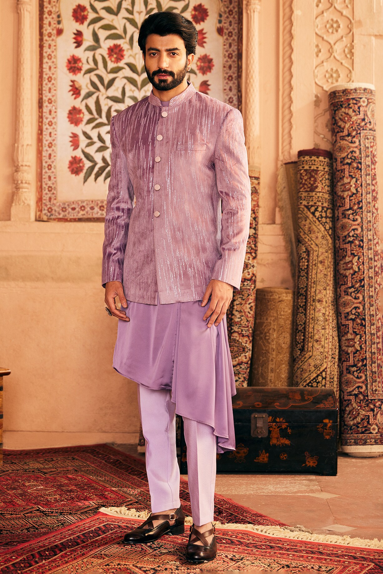Buy ASUKA Lilac Velvet Embroidered Bandhgala Jacket Set at Pernia ...
