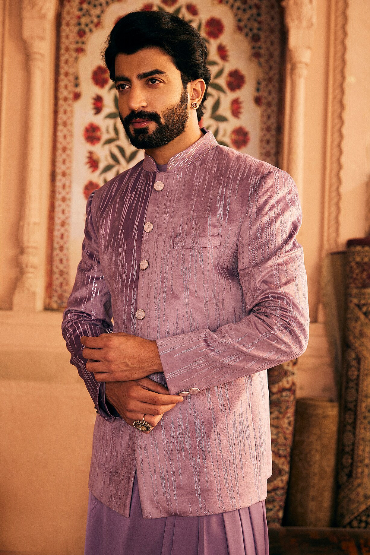 Buy ASUKA Lilac Velvet Embroidered Bandhgala Jacket Set at Pernia ...