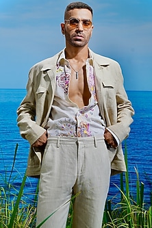 Sandy Beige Linen Trucker Jacket by ASUKA at Pernia's Pop Up Shop 2026
