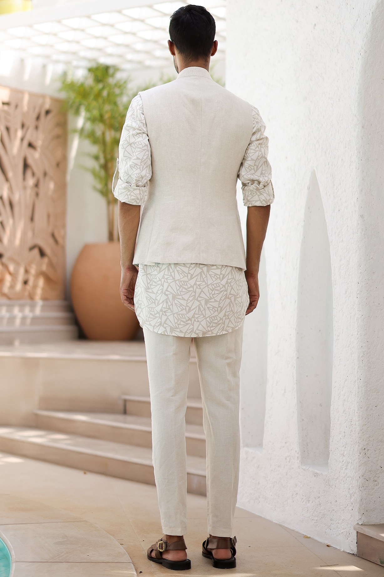 Natural Beige Pure Linen Embroidered Bundi Jacket Set by ASUKA at ...