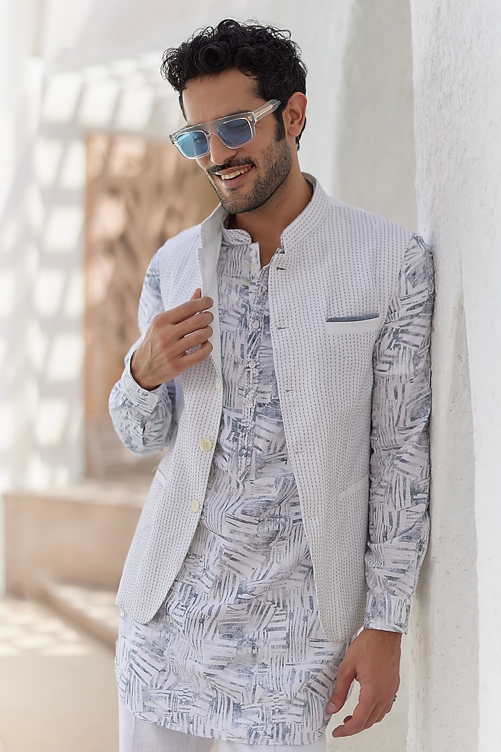 Buy ASUKA Light Blue Pure Linen Embroidered Bundi Jacket Set at Pernia ...