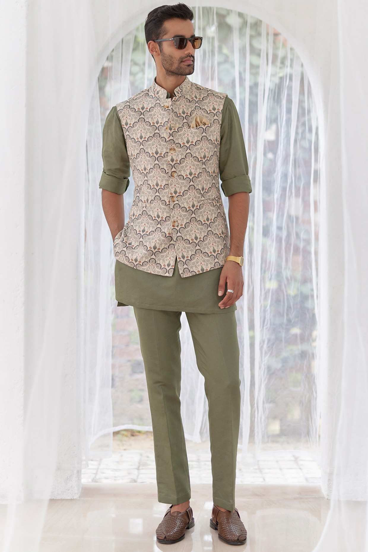 Olive Green Pure Linen Printed Bundi Jacket Set by ASUKA at Pernia's ...