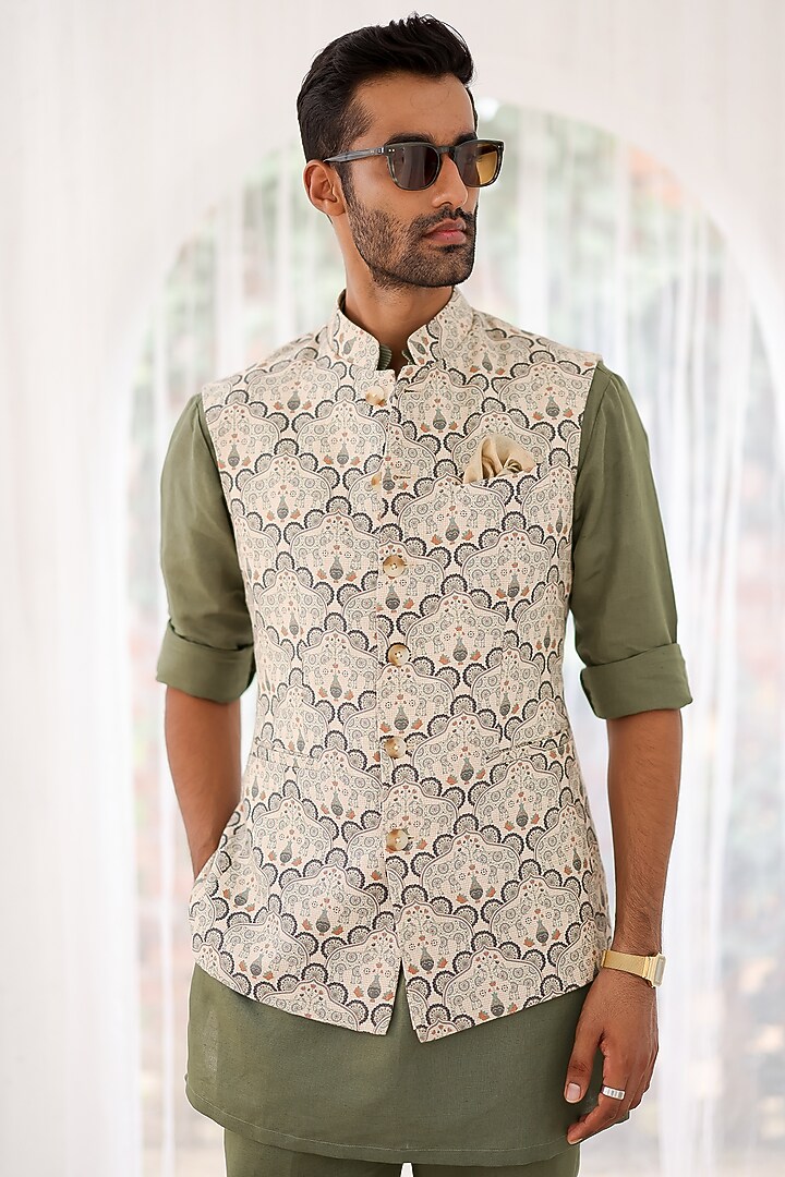 Olive Green Pure Linen Printed Bundi Jacket Set by ASUKA at Pernia's ...